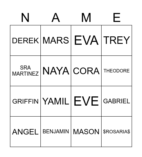 NOMBRES Bingo Card