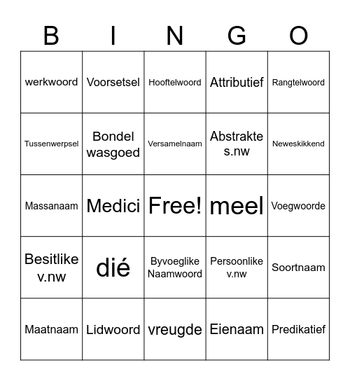 Woordsoorte Bingo Card