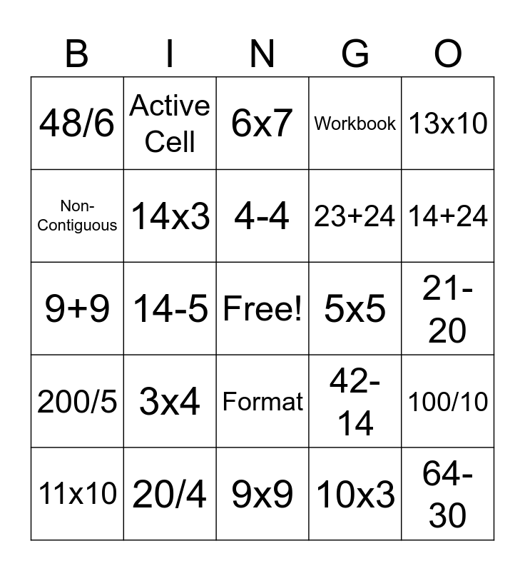 Spreadsheet Bingo Card