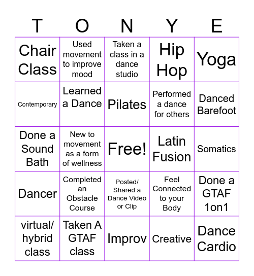 GTAF DWHub Dance Bingo Card