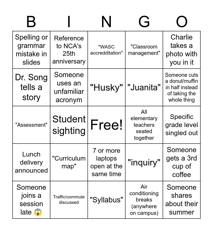 NCA Teacher Inservice Bingo Card