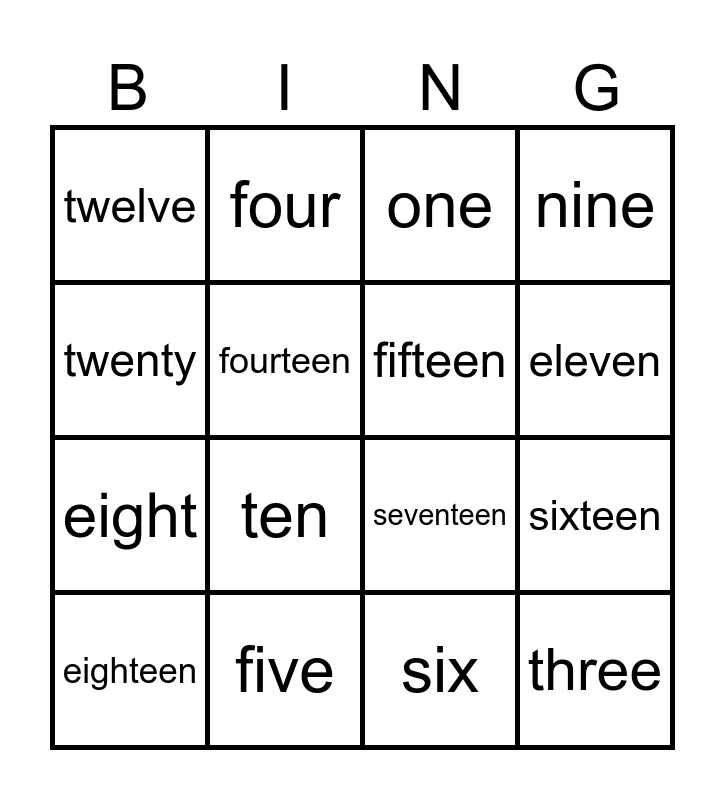 Numbers 1-20 Bingo Card