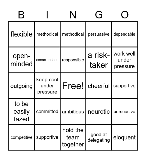 Personal Qualities Bingo Card