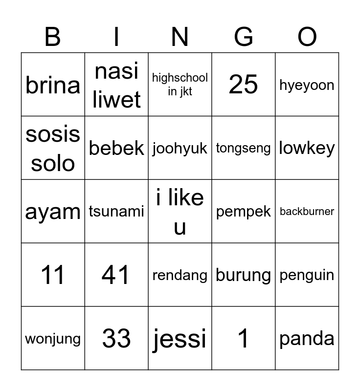jessi Bingo Card