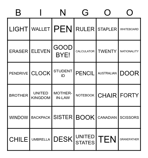 CLASSROOM OBJECTS Bingo Card