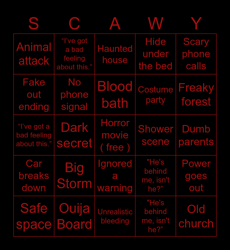 Horror Movie Bingo Card