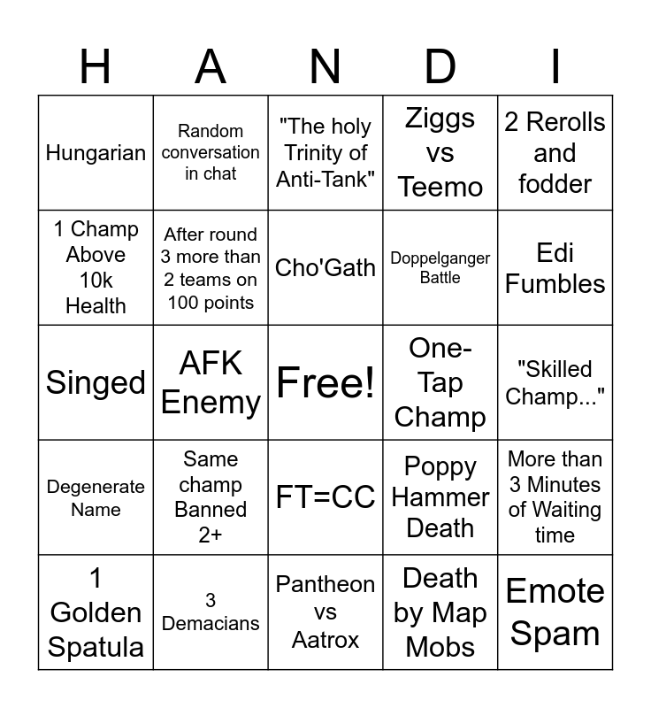 LoL Arena BINGO Card