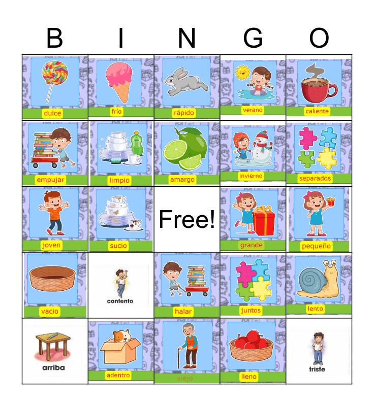 Los opuestos Bingo Card