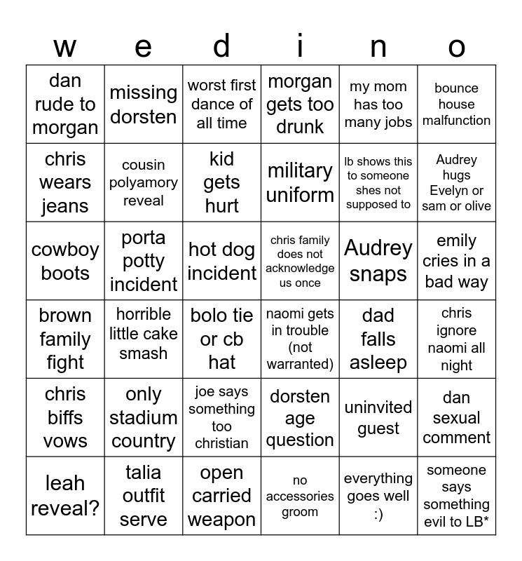 weddingo Bingo Card