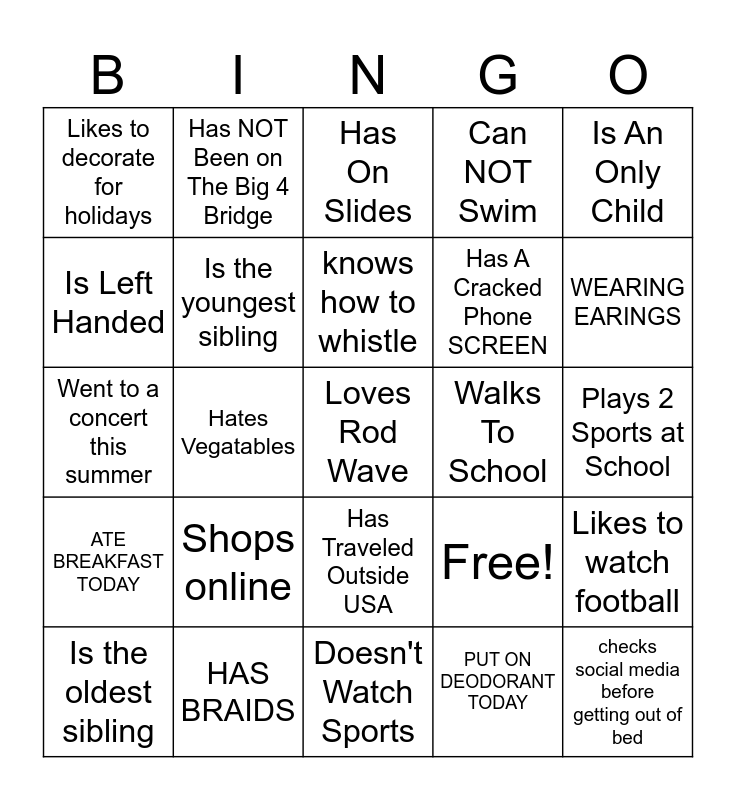 FIND SOMEBODY WHO... Bingo Card