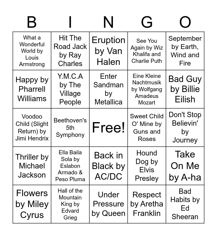 Musical Bingo Card