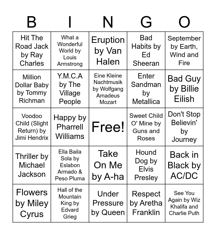 Musical Bingo Card