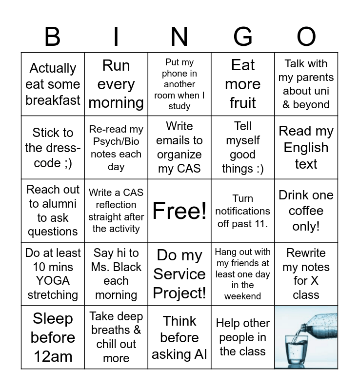 Grade 12 Well-being Bingo Card