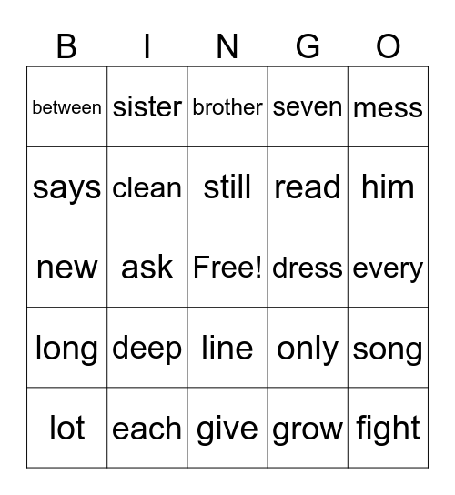 2nd Grade Words Bingo Card