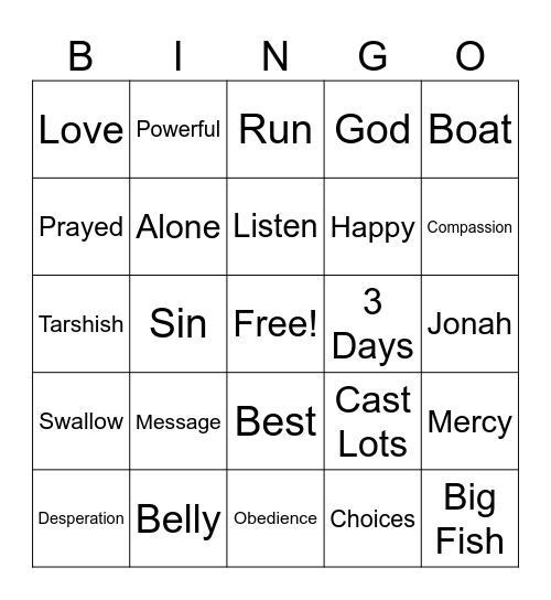 Pilgrim VBS Jonah Bingo Card