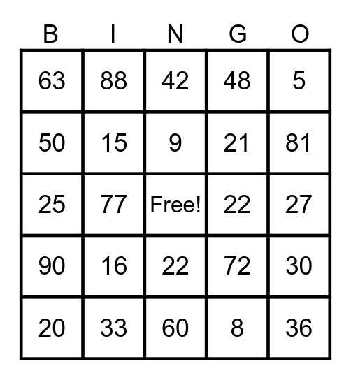 Multiplication Bingo Card