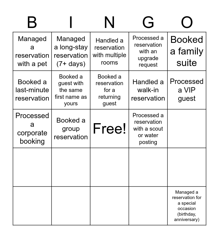 Reservation BINGO Card