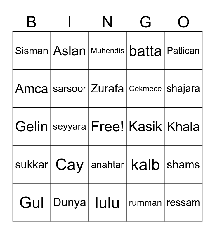 Turkish Bingo Card