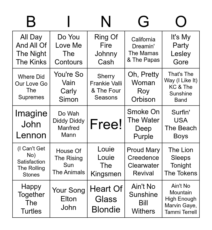 60s & 70s Music Bingo Card