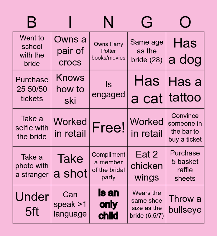 Stagette Bingo Card