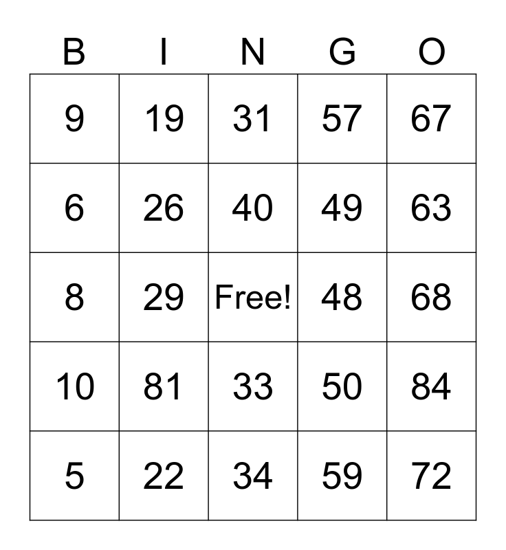 Number Bingo 1-85 Bingo Card