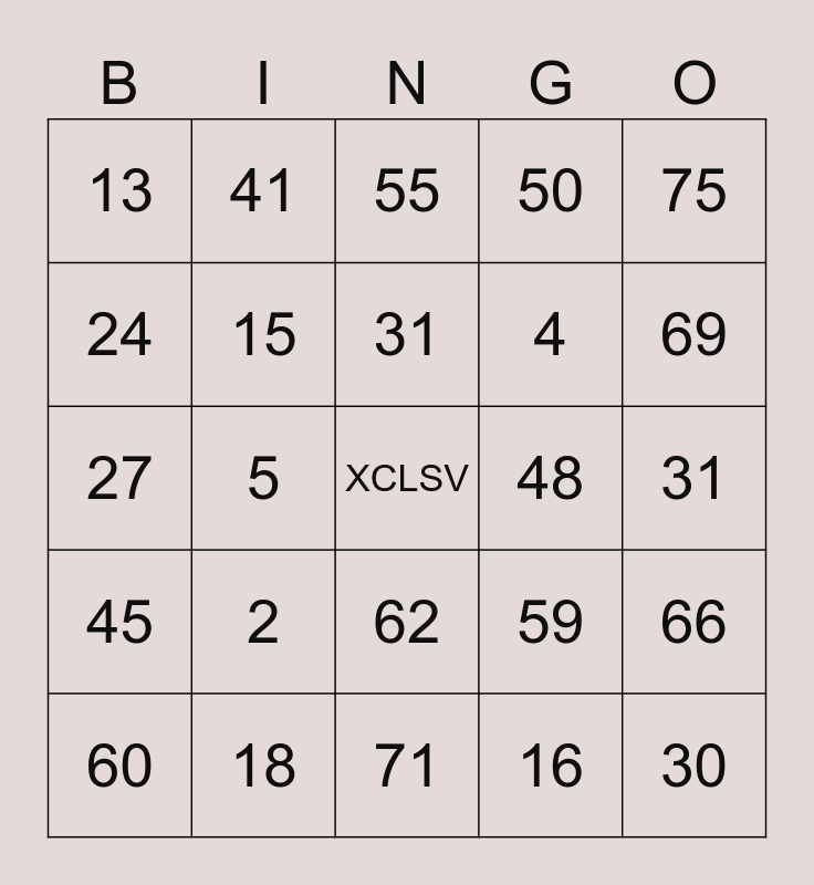 XCLUSIVE CARD #1 Bingo Card