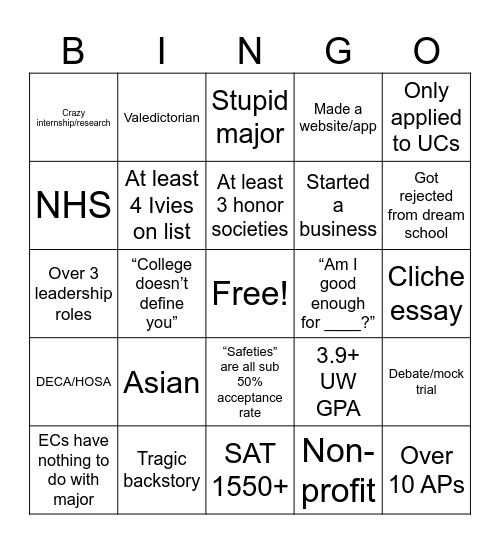 Collegemaxxer bingo Card