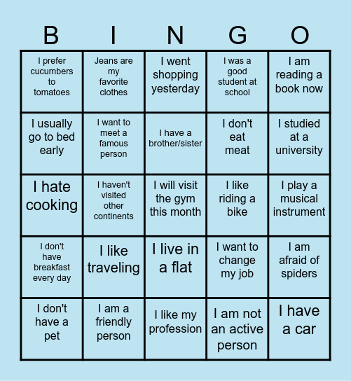 About me Bingo Card