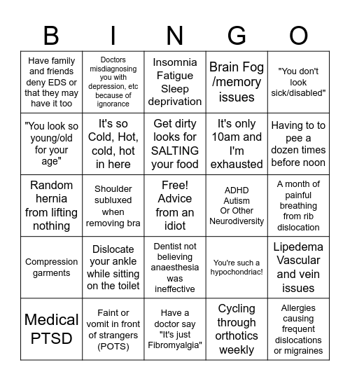 EDS Ehlers-Danlos Bingo Card