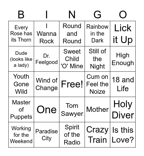 80s Rock/Metal Bingo Card