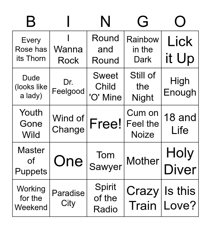 80s Rock/Metal Bingo Card