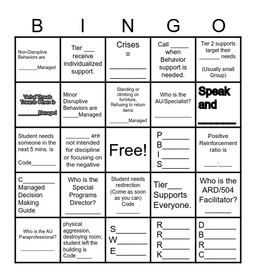 McDade PBIS Bingo Card