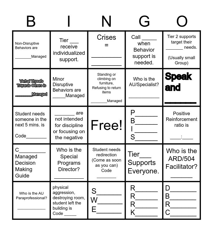 McDade PBIS Bingo Card