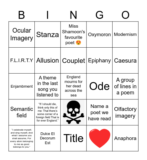 Poetry Bingo Card