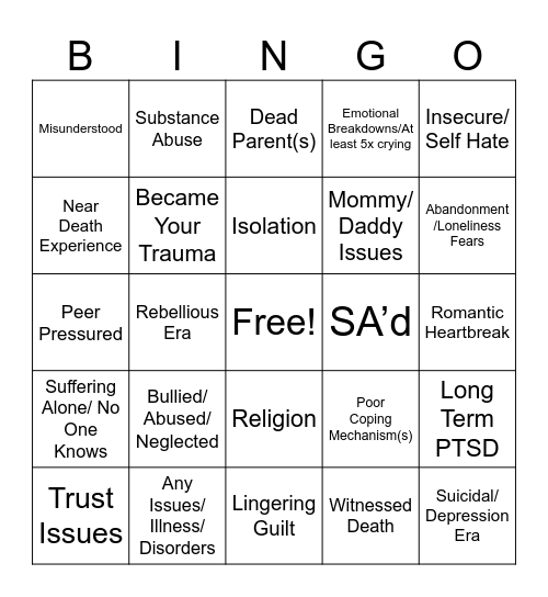 TRAUMA BINGO Card