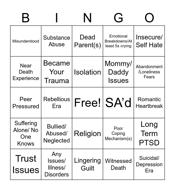 TRAUMA BINGO Card