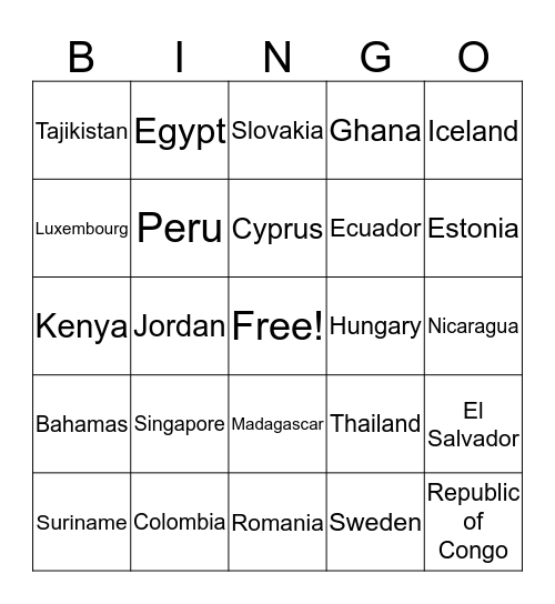 World Countries Bingo Card