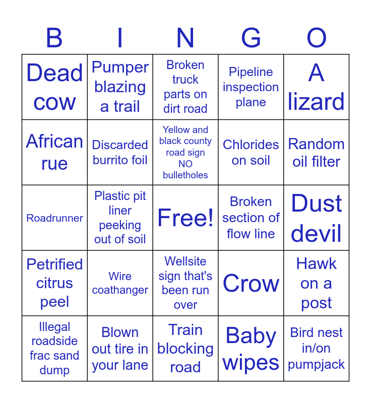 Oilfield Bingo Card