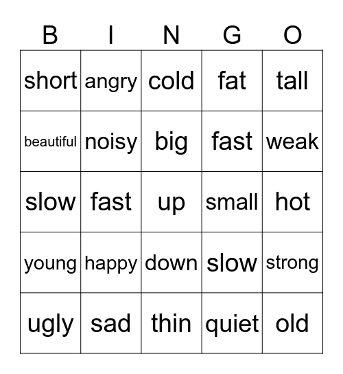 Adjective Bingo Card