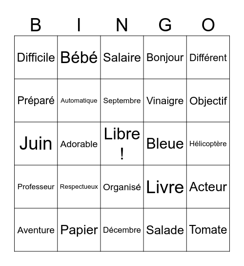 Cognates / Mots apparentés Bingo Card