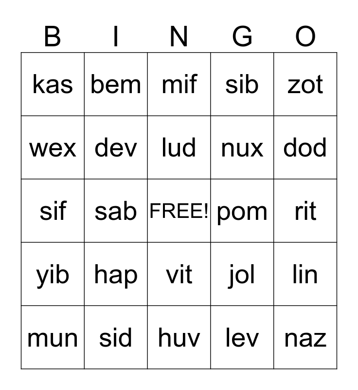 Nonsense Word Bingo Card