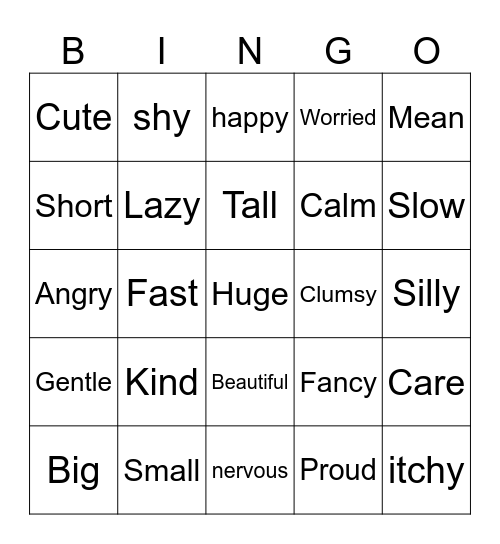 Adjectives Bingo Card