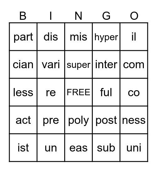 Prefixes and Suffixes Bingo Card