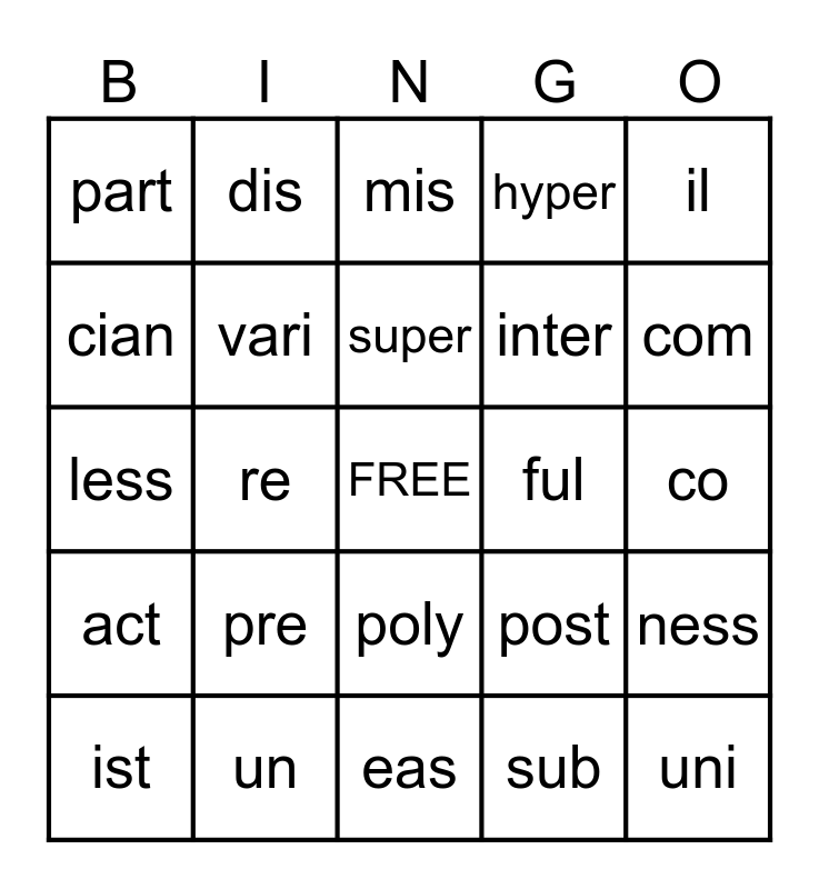 Prefixes and Suffixes Bingo Card