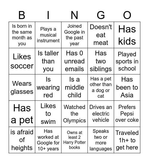 Get to know each other Bingo Card