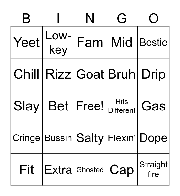Middle School Slang Bingo Card