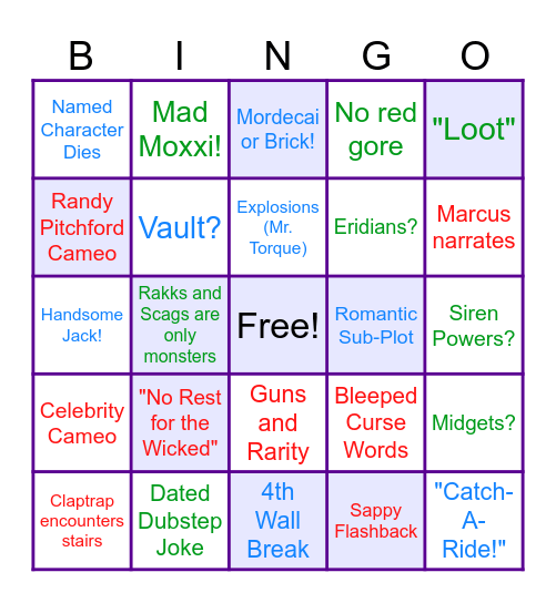 Borderlands Movie Bingo Card