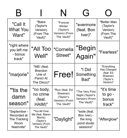 Taylor Swift Music Bingo Round #3 Bingo Card