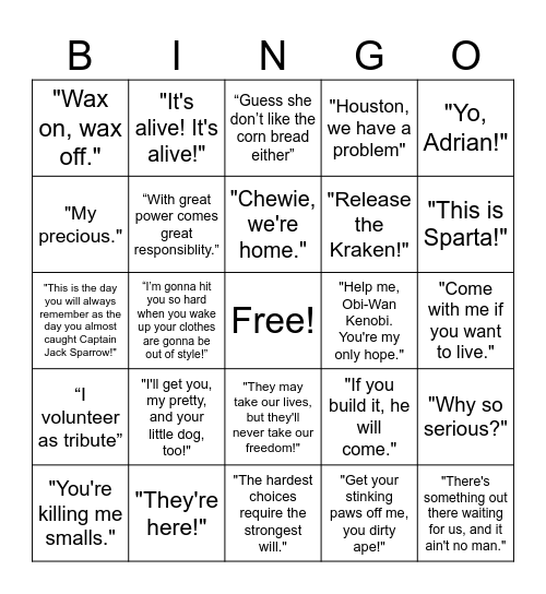 Movie Quotes Bingo Card