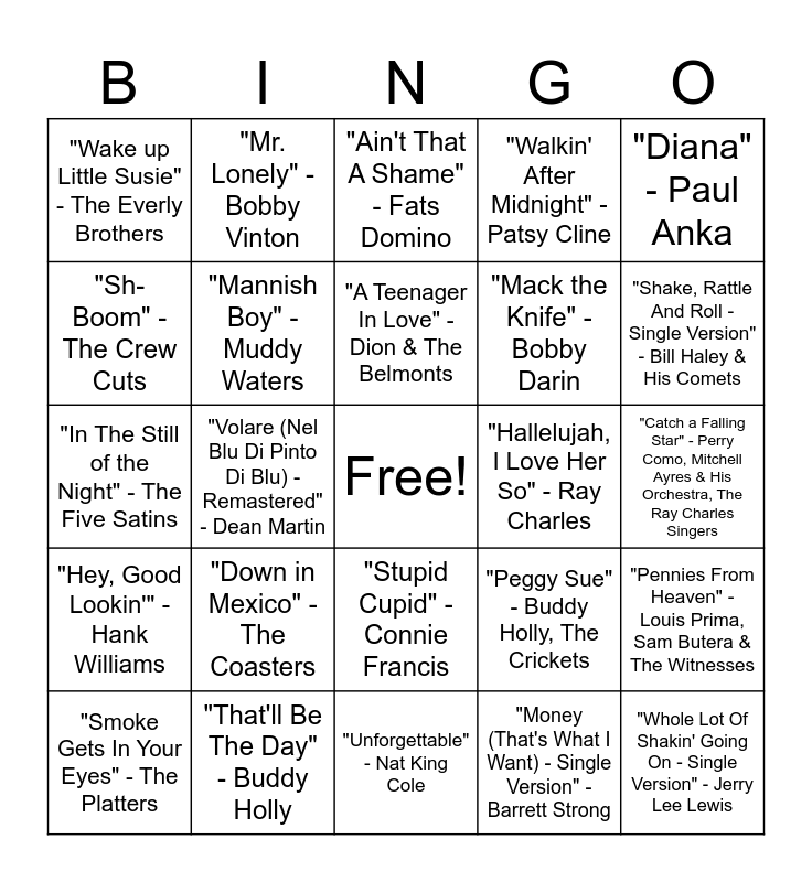 50s Music Bingo Round #2 Bingo Card
